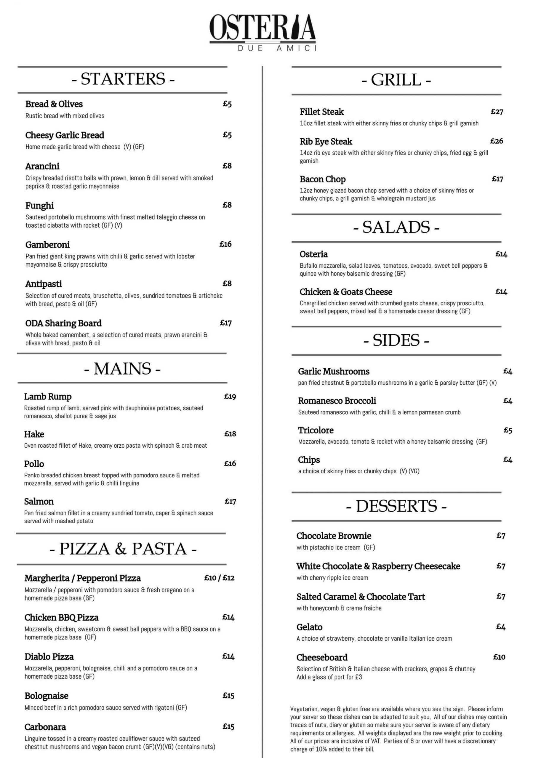 Menu | ODA New Italian Restaurant in Upminster High Street