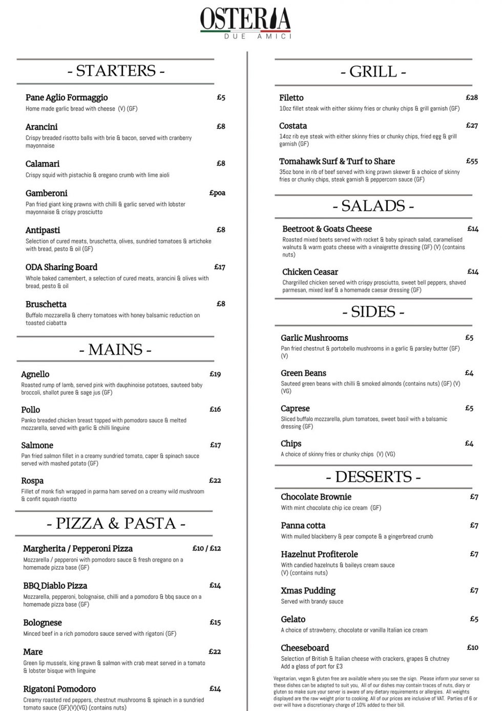Menu | ODA New Italian Restaurant in Upminster High Street