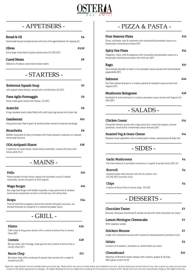 Menu | ODA New Italian Restaurant in Upminster High Street