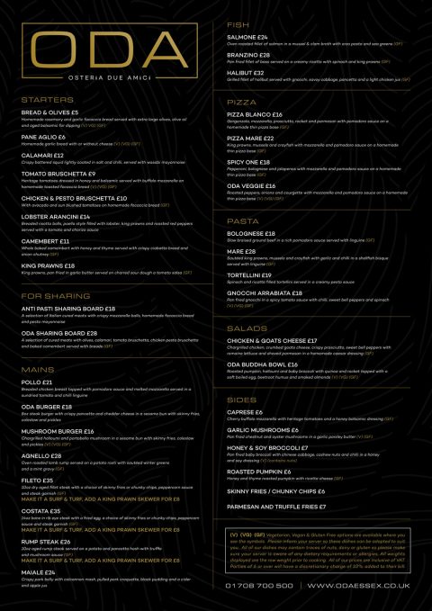 Menu | ODA New Italian Restaurant in Upminster High Street