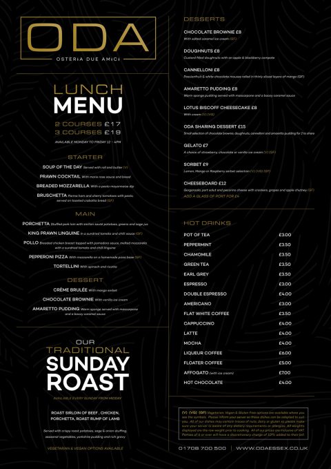 Menu | ODA New Italian Restaurant in Upminster High Street