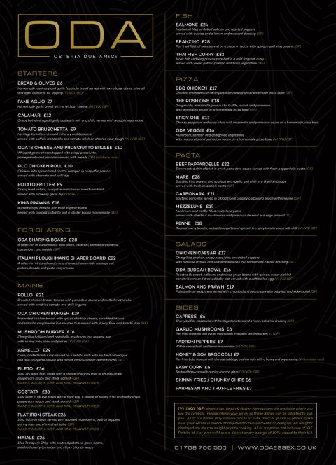 Menu | ODA New Italian Restaurant in Upminster High Street