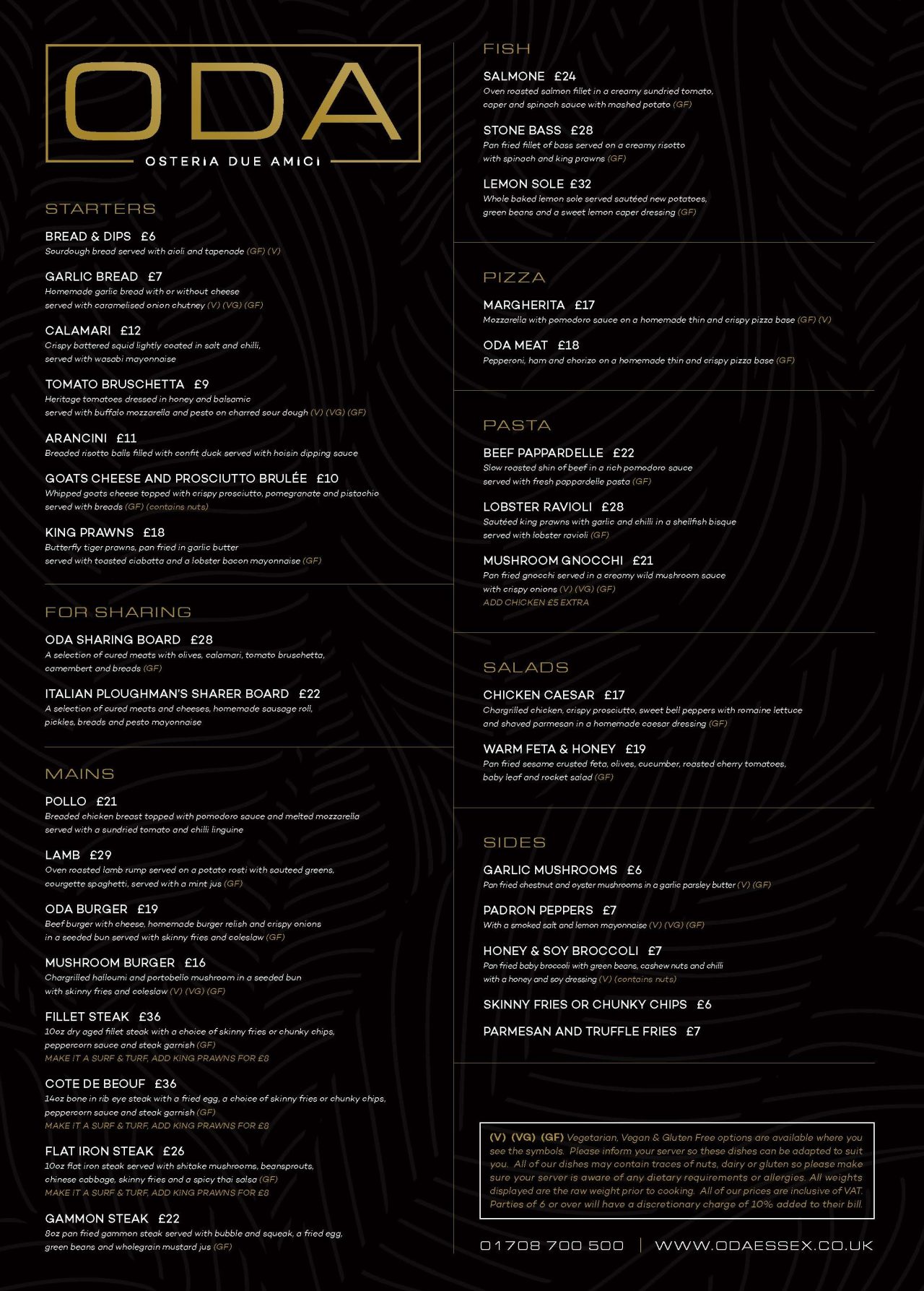 Menu | ODA New Italian Restaurant in Upminster High Street