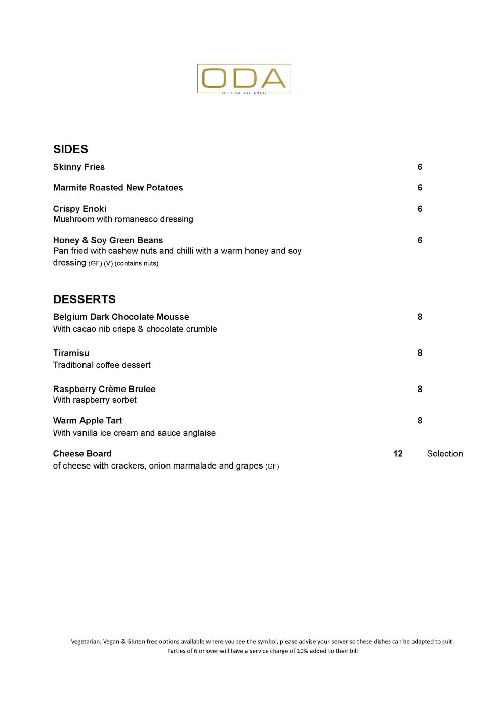 Menu | ODA New Italian Restaurant in Upminster High Street